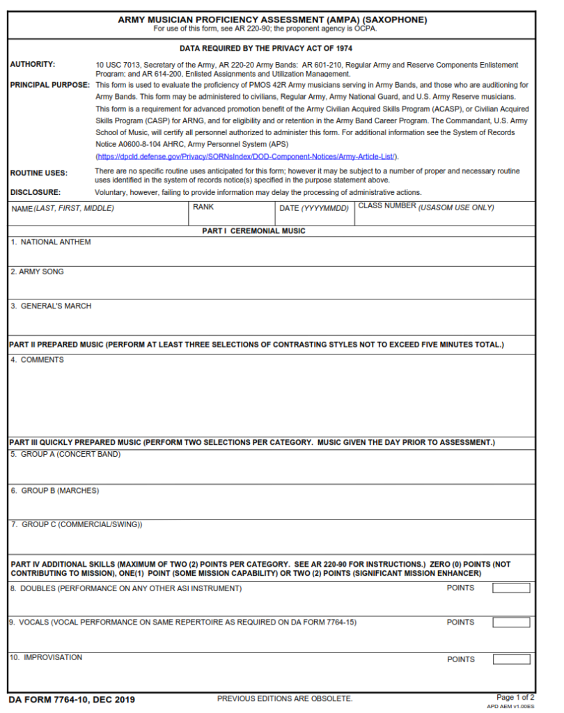 DA Form 7764-10 - Army Musician Proficiency Assessment (Ampa) (Saxophone)