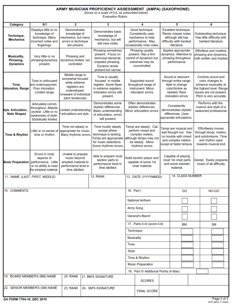 DA Form 7764-10 - Army Musician Proficiency Assessment (Ampa) (Saxophone)