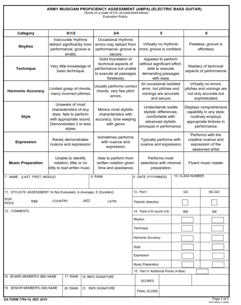 DA Form 7764-14 - Army Musician Proficiency Assessment