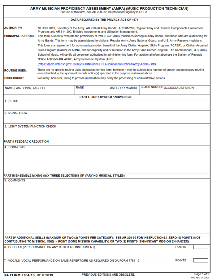 DA Form 7764-16 - Army Musician Proficiency Assessment