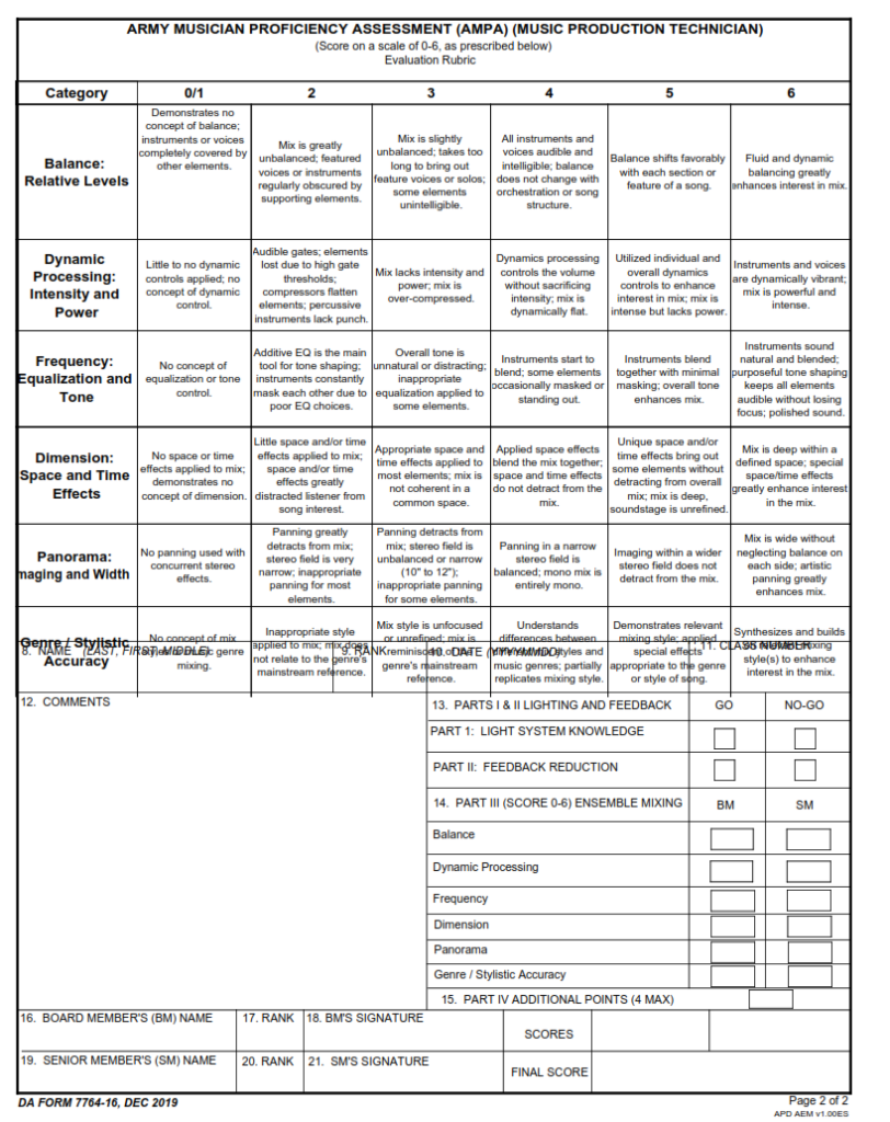 DA Form 7764-16 - Army Musician Proficiency Assessment