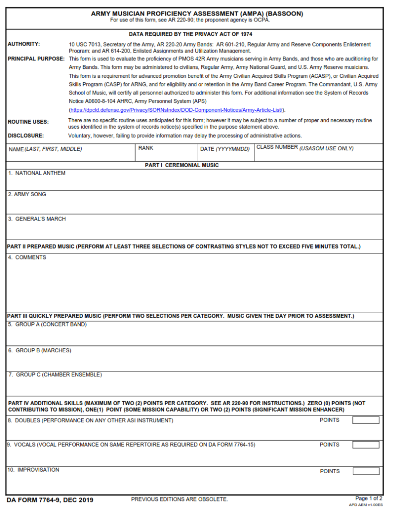 DA Form 7764-9 - Army Musician Proficiency Assessment (Ampa) (Bassoon)