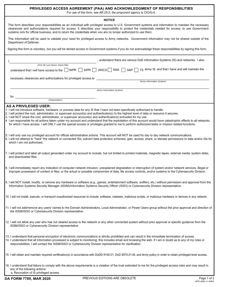 DA Form 7789 Privileged Access Agreement DA Form 7789 Privileged Access Agreement