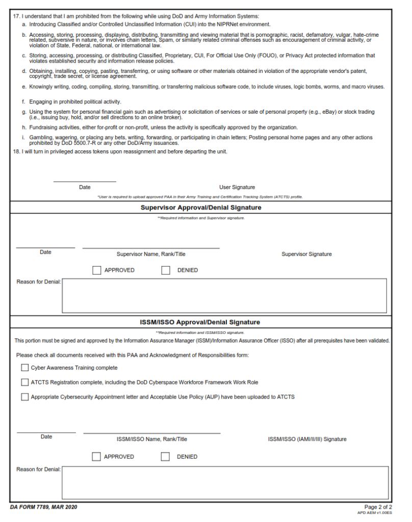 DA Form 7789 - Privileged Access Agreement