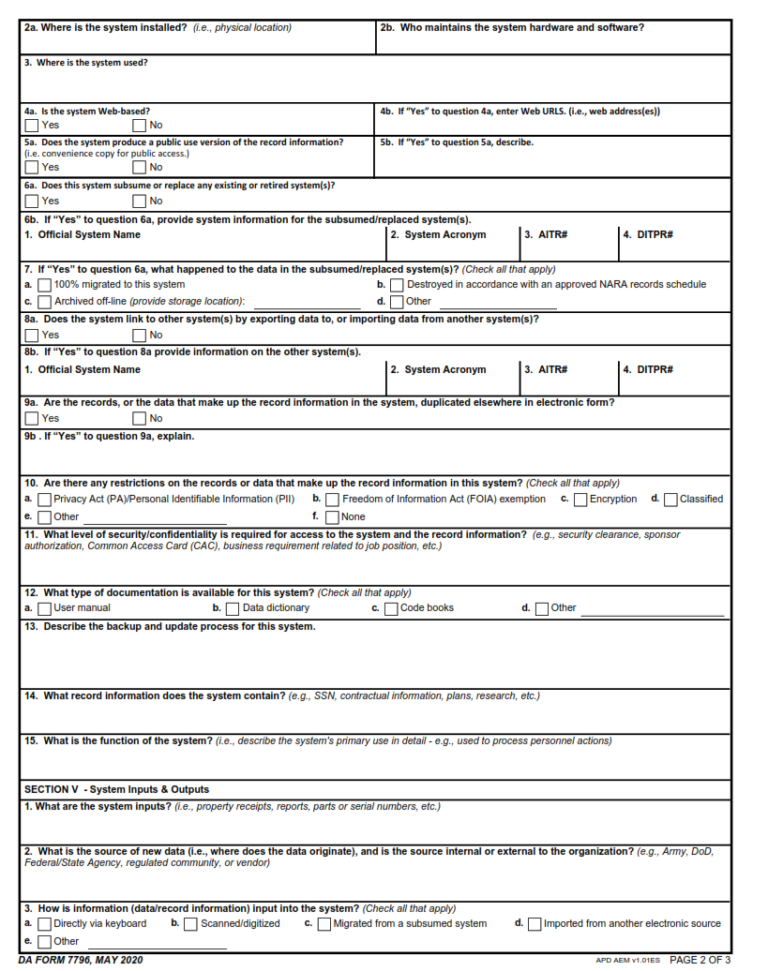 DA Form 7796 - Automated Information Systems (Ais) Questionnaire