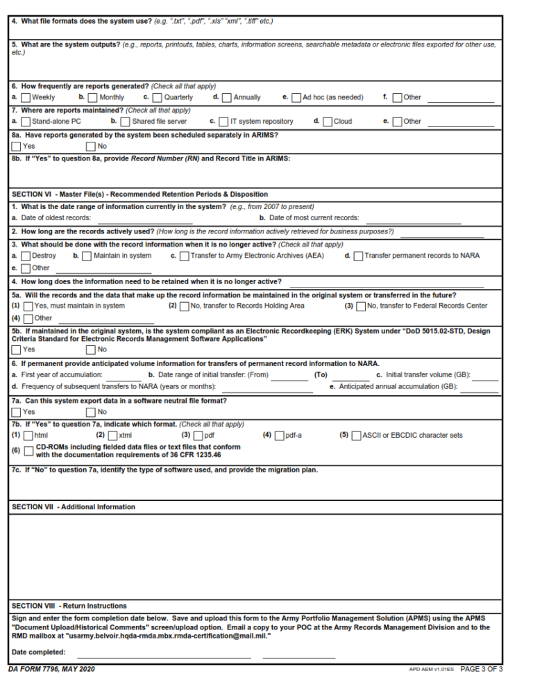 DA Form 7796 - Automated Information Systems (Ais) Questionnaire