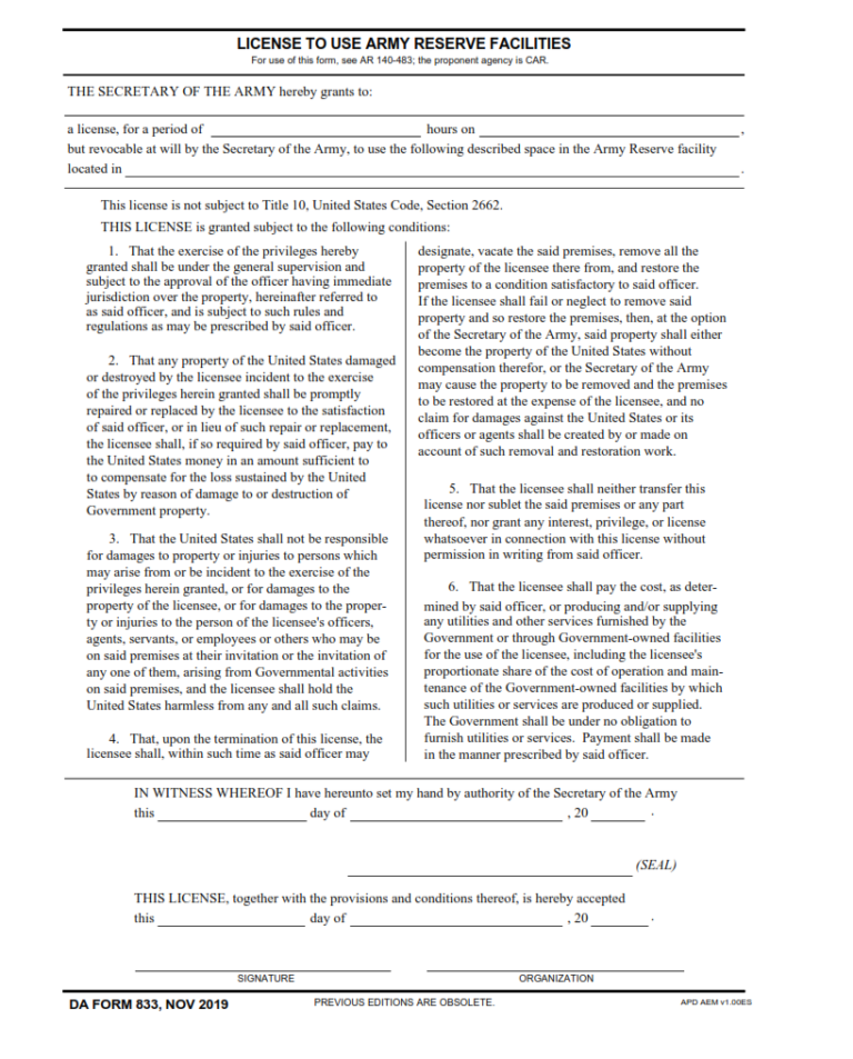 DA Form 833 - License To Use Army Reserve Facilities