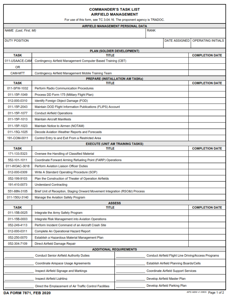 DA Form 7871 - Commander's Task List Airfield Management