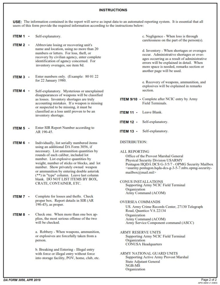 DA FORM 3056 – Report Of Missing Recovered Firearms, Ammunition And ...
