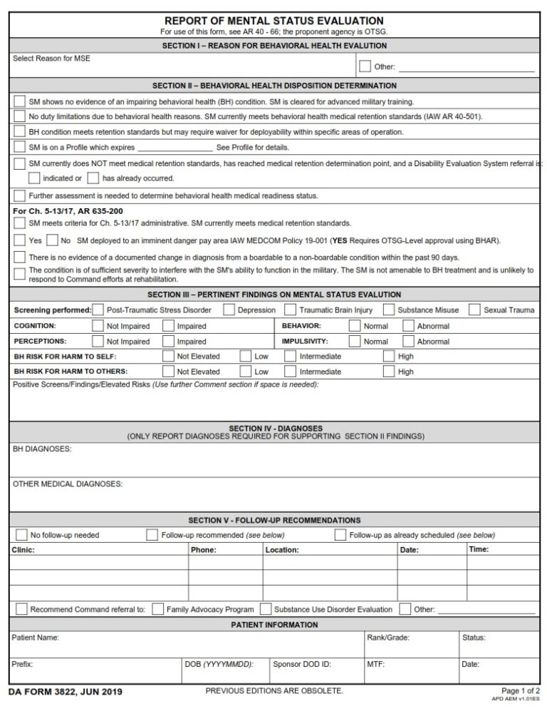 DA FORM 3822 – Report Of Mental Status Evaluation | Army Pubs DA Form