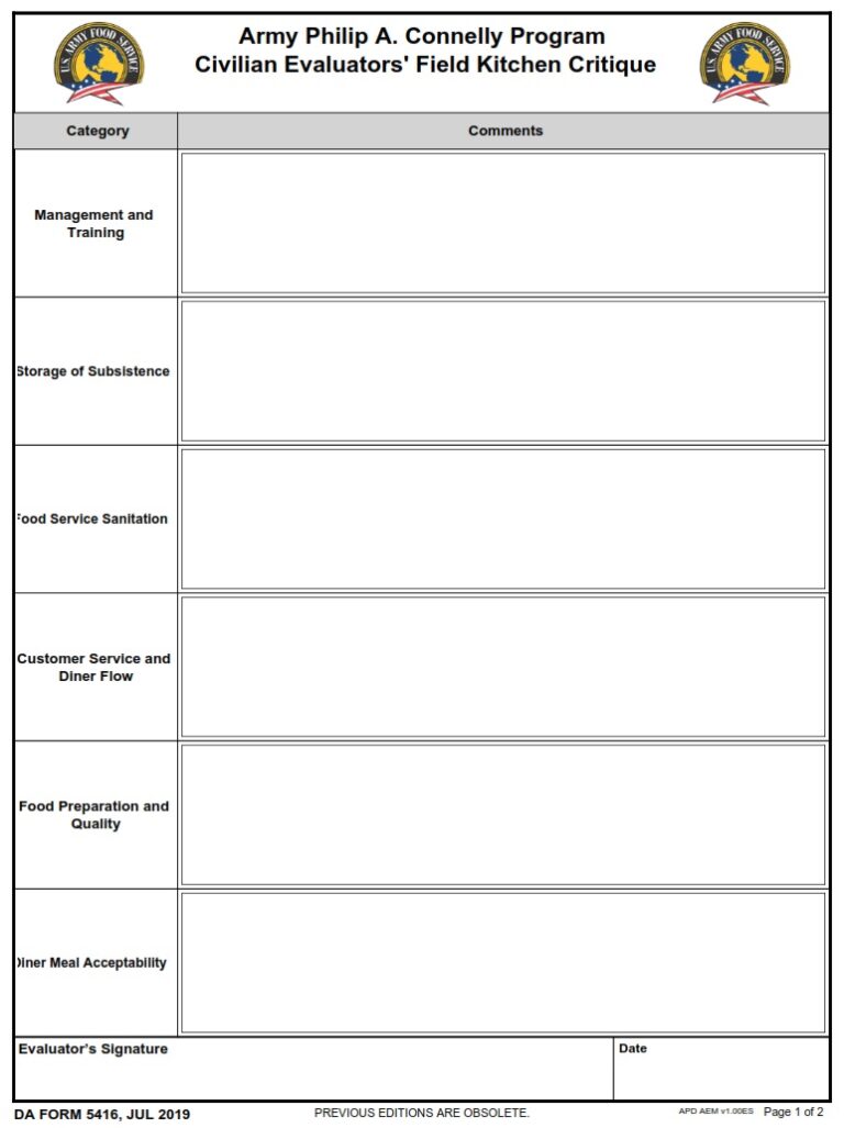DA FORM 5416 – Field Category Training Evaluation Checklist | Army Pubs ...
