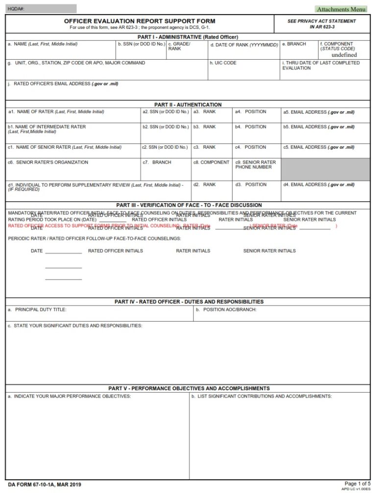 DA FORM 67-10-1A – Officer Evaluation Report Support Form | Army Pubs ...