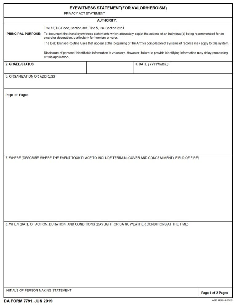 DA FORM 7791 – Eyewitness Statement | Army Pubs DA Form