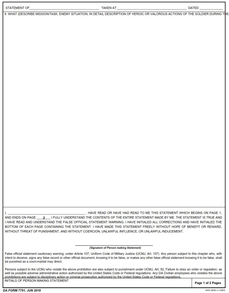 DA FORM 7791 – Eyewitness Statement | Army Pubs DA Form