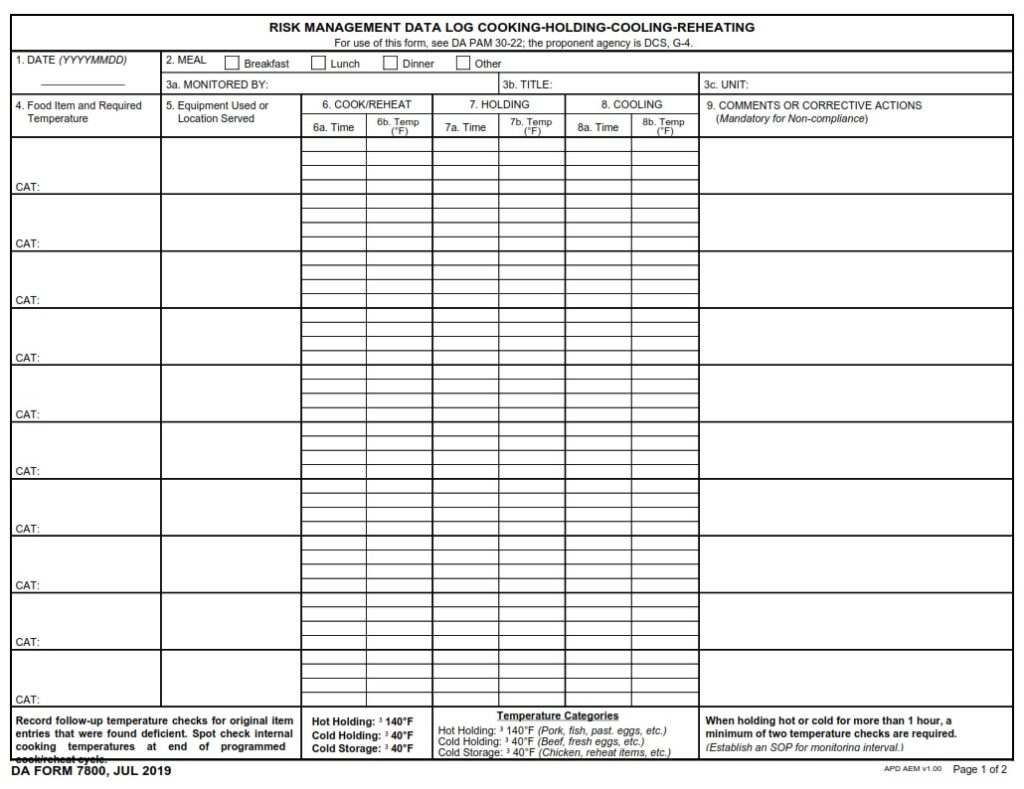 DA FORM 7800 – Risk Management Data Log Cooking-Holding-Cooling ...