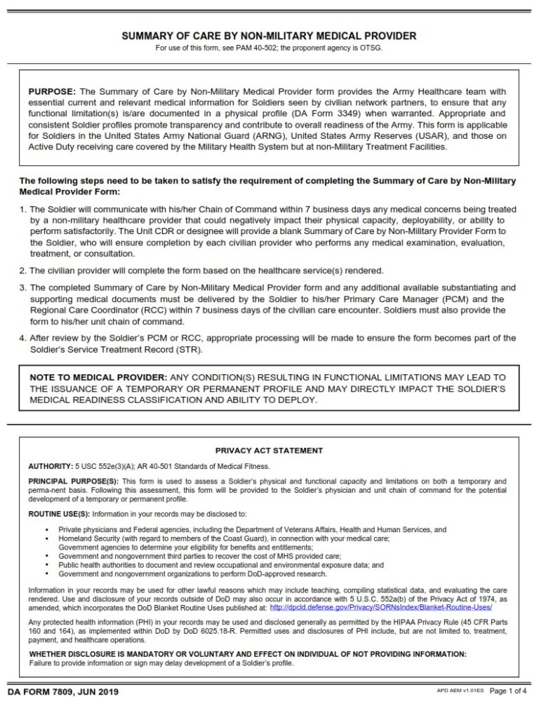 DA FORM 7809 – Summary Of Care By Non-Military Medical Provider | Army ...