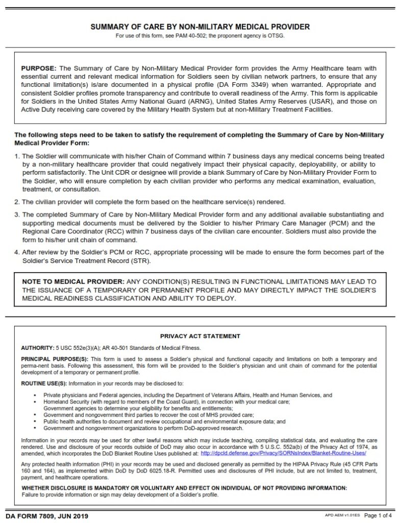 DA FORM 7809 – Summary Of Care By Non-Military Medical Provider | Army ...