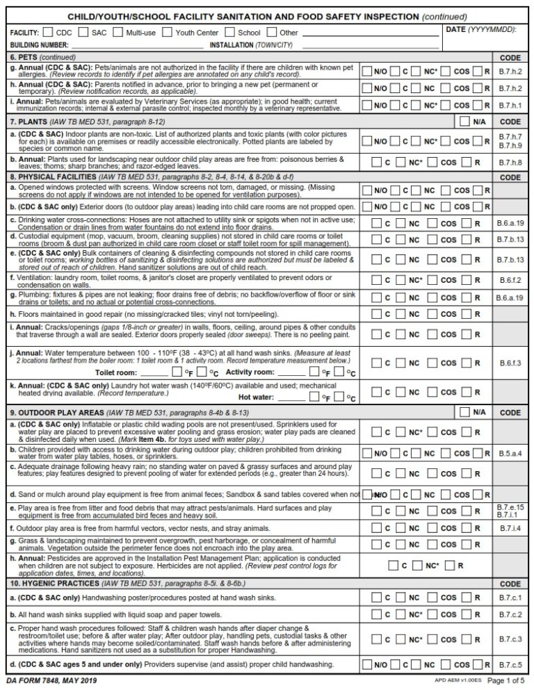 DA FORM 7848 – Child Youth School Facility Sanitation And Food Safety ...