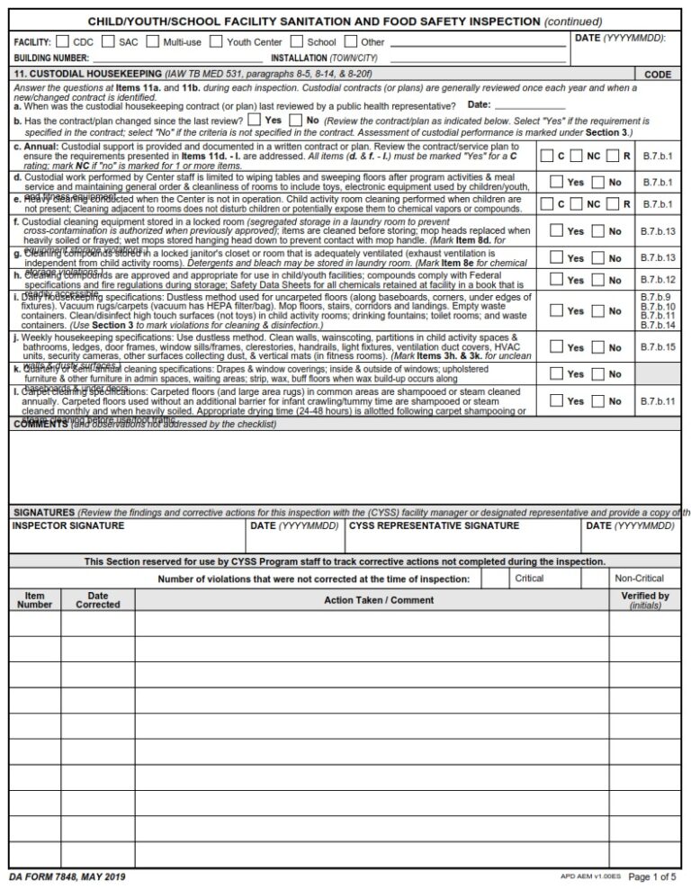 DA FORM 7848 – Child Youth School Facility Sanitation And Food Safety ...