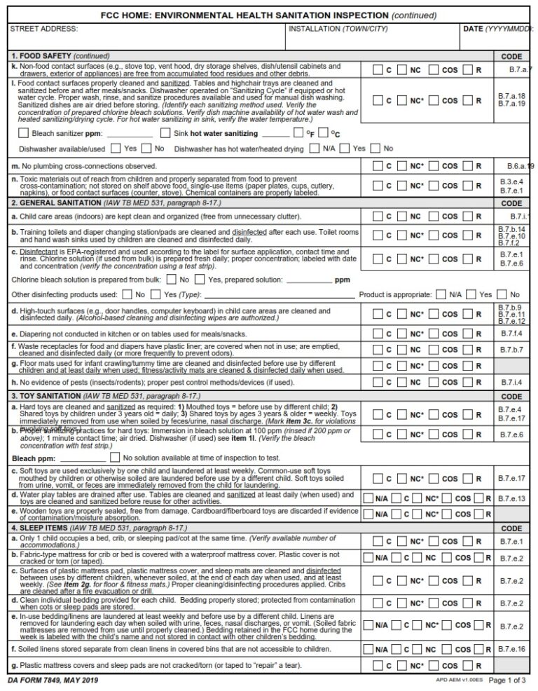DA FORM 7849 – Environmental Health Sanitation Inspection | Army Pubs ...