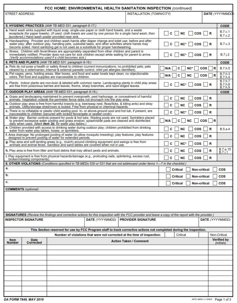 DA FORM 7849 – Environmental Health Sanitation Inspection | Army Pubs ...