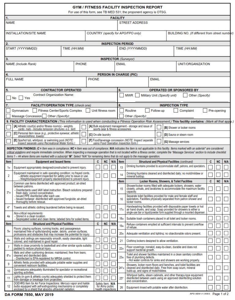 DA FORM 7850 – Gym/Fitness Facility Inspection Report | Army Pubs DA Form