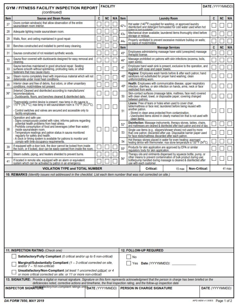 DA FORM 7850 – Gym/Fitness Facility Inspection Report | Army Pubs DA Form