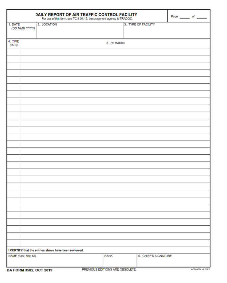 DA Form 3502 - Daily Report Of Air Traffic Control Facility