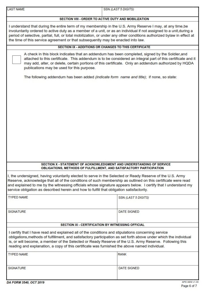 DA Form 3540 – Certificate And Acknowledgement Of U.S. Army Reserve ...