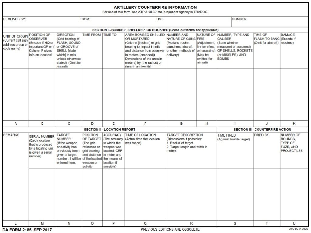 DA FORM 2185 – Artillery Counter Fire Information | Army Pubs DA Form