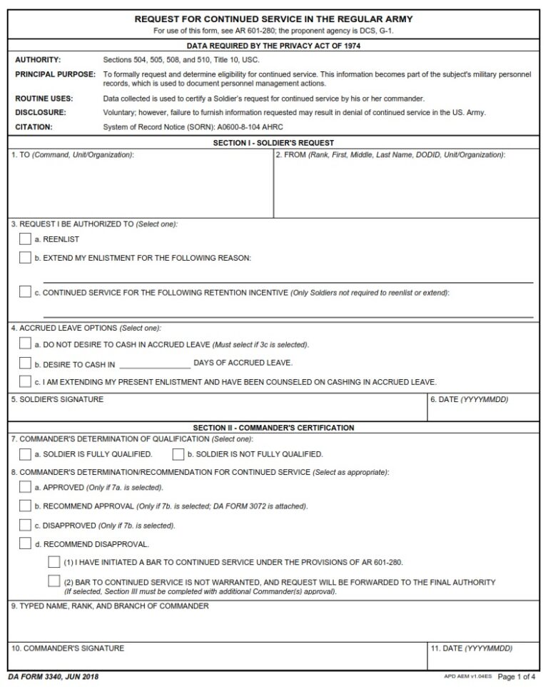 DA FORM 3340 – Request For Continued Service In The Regular Army | Army Pubs DA Form