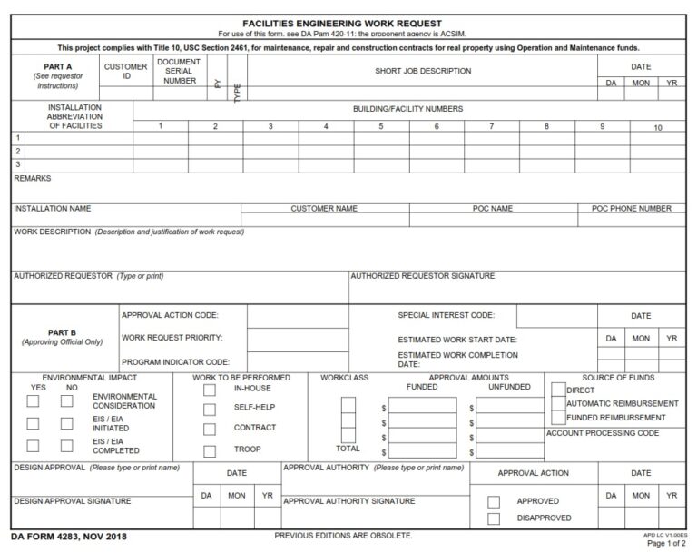 DA FORM 4283 – Facilities Engineering Work Request | Army Pubs DA Form