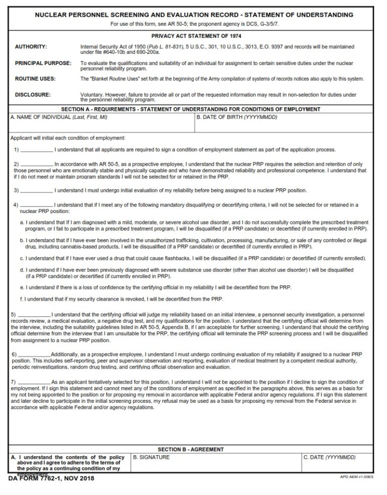 DA FORM 7762-1 – Nuclear Personnel Screening And Evaluation Record ...