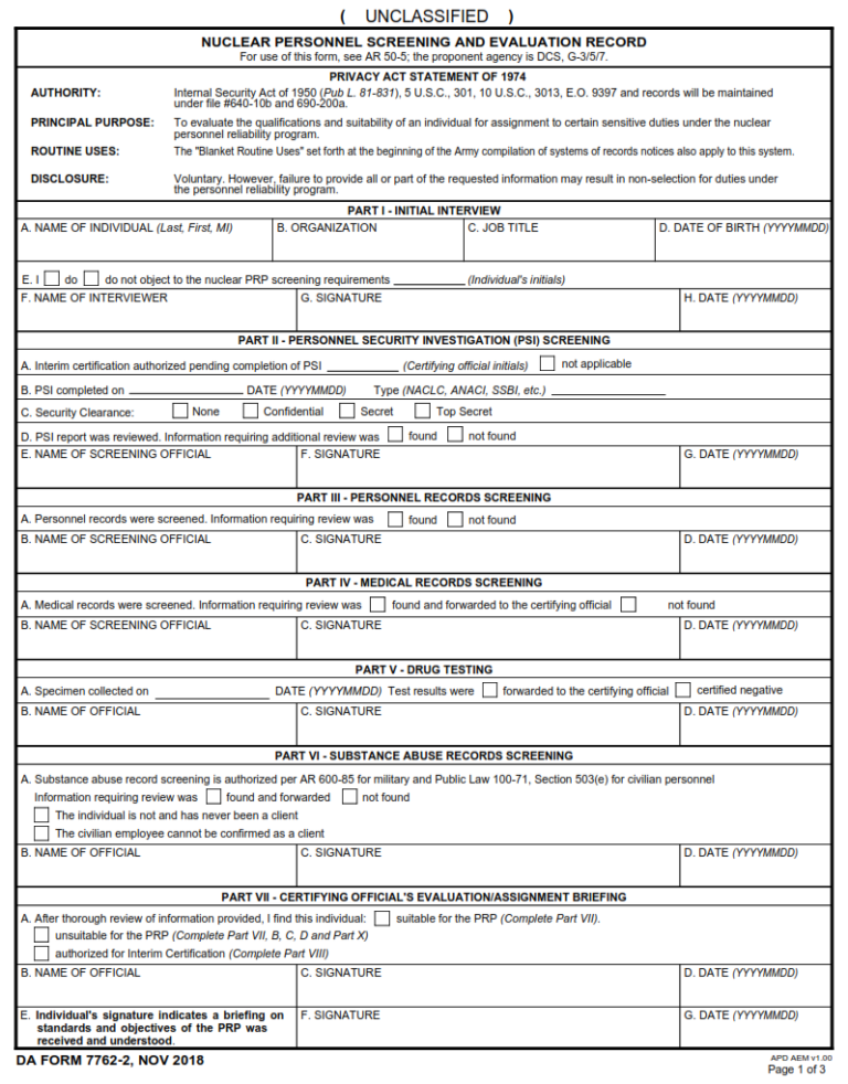 DA FORM 7762-2 – Nuclear Personnel Screening And Evaluation Record ...