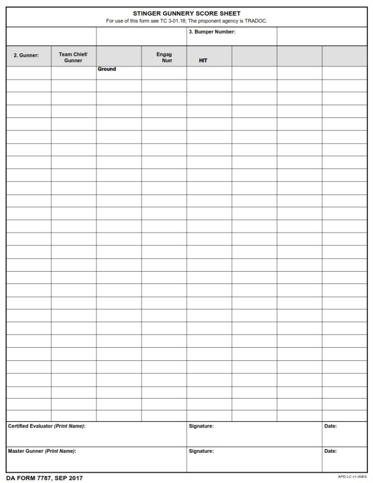 DA FORM 7787 – Stinger Gunnery Score Sheet | Army Pubs DA Form