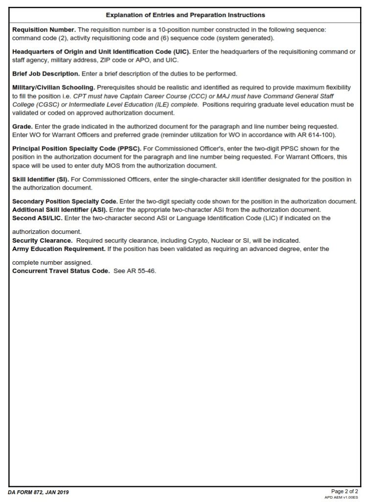 DA FORM 872 – Requisition For Individual Officer Personnel | Army Pubs ...