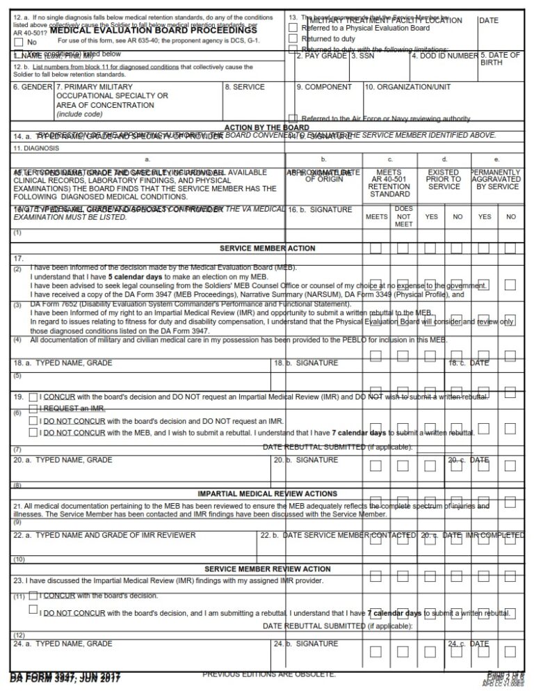DA FORM 3947 – Medical Evaluation Board Proceedings | Army Pubs DA Form