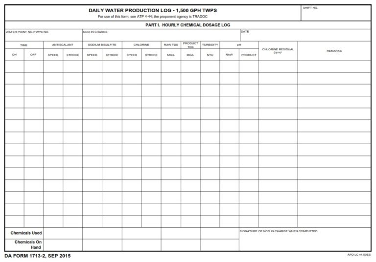 DA FORM 1713-2 – Daily Water Production Log – 1,500 GPH TWPS | Army ...