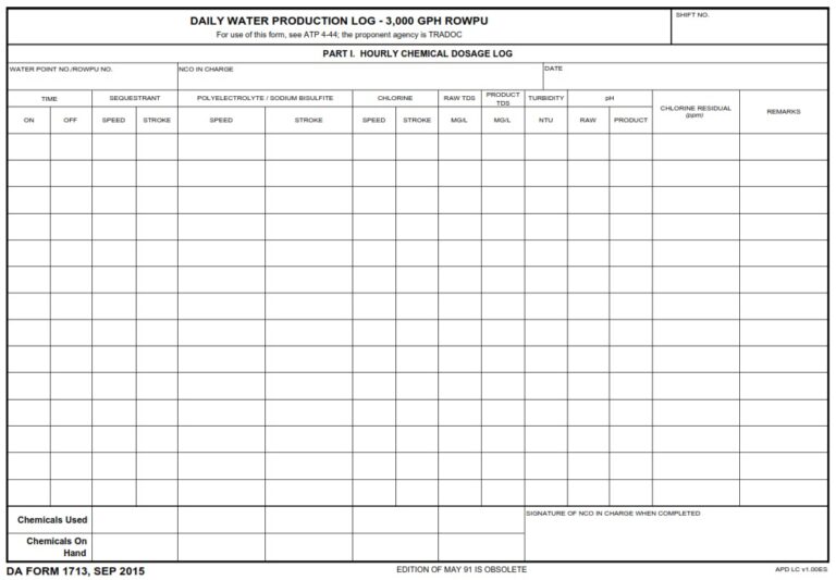 DA FORM 1713 – Daily Water Production Log – 3,000 GPH ROWPU | Army Pubs ...