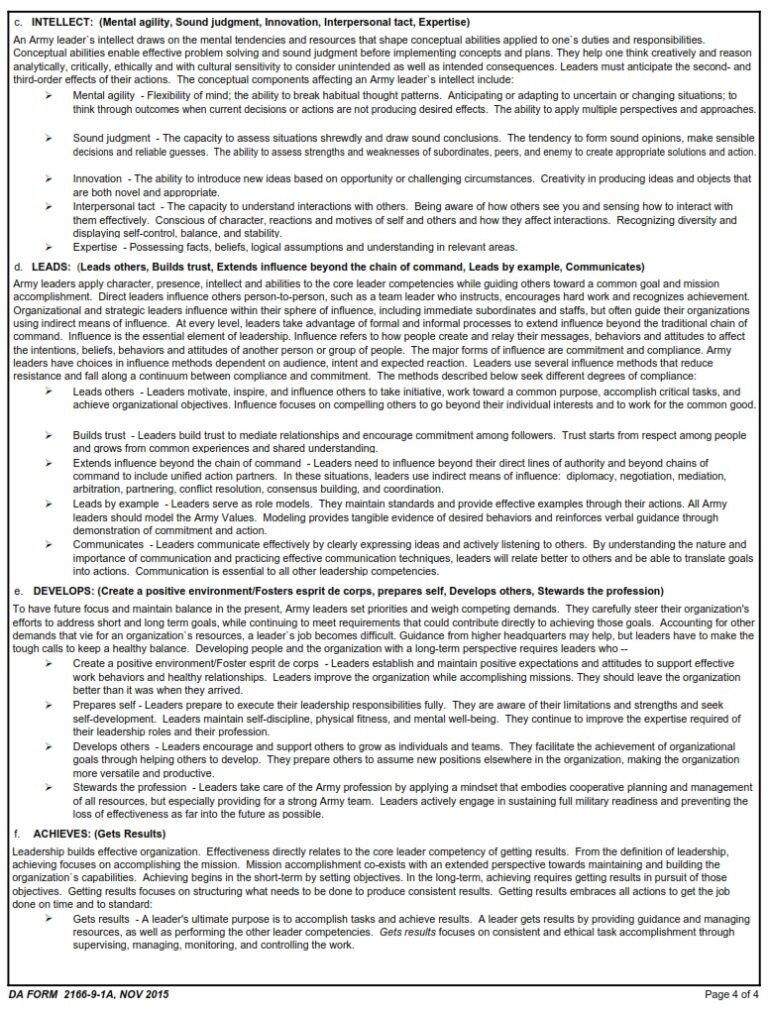 DA FORM 2166-9-1A – NCO Evaluation Report Support Form | Army Pubs DA Form