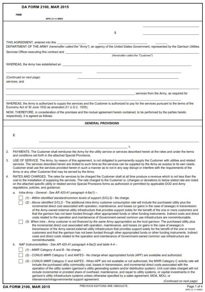 DA FORM 2100 – Memorandum Of Understanding For Sale Of Utilities And ...