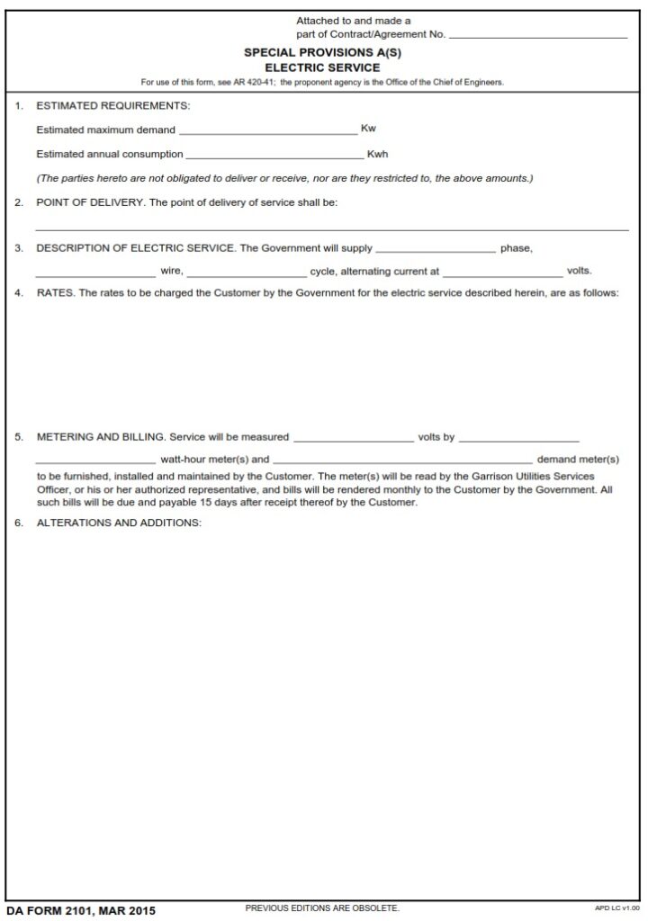 DA FORM 2101 – Special Provisions A(S) Electric Service | Army Pubs DA Form