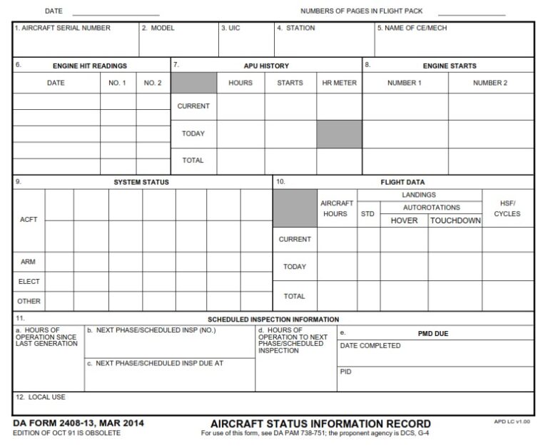DA FORM 2408-13 – Aircraft Status Information Record | Army Pubs DA Form