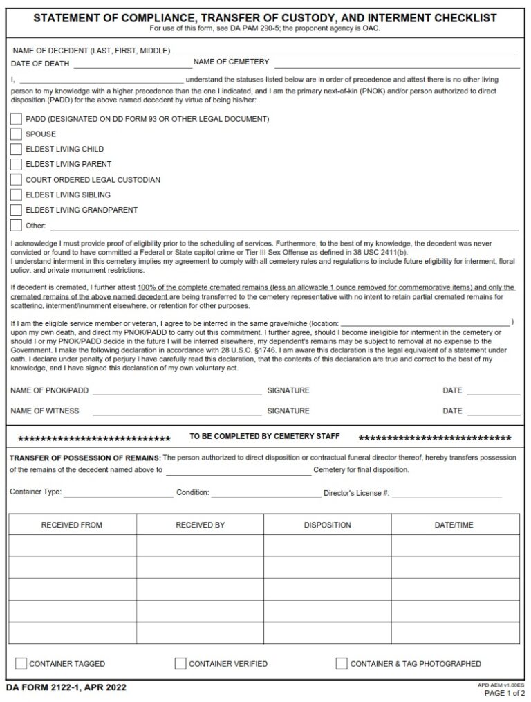 DA FORM 2122-1 – Statement Of Compliance, Transfer Of Custody, And ...