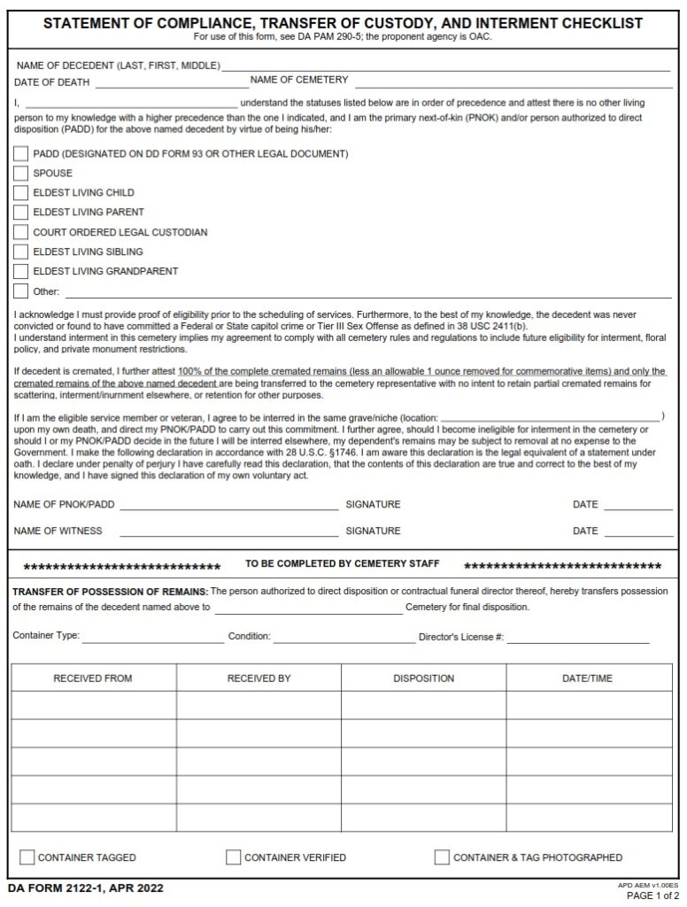 DA FORM 2122-1 – Statement Of Compliance, Transfer Of Custody, And ...