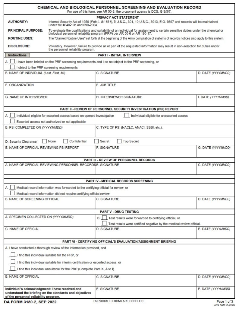 DA FORM 3180-2 – Chemical And Biological Personnel Screening And ...
