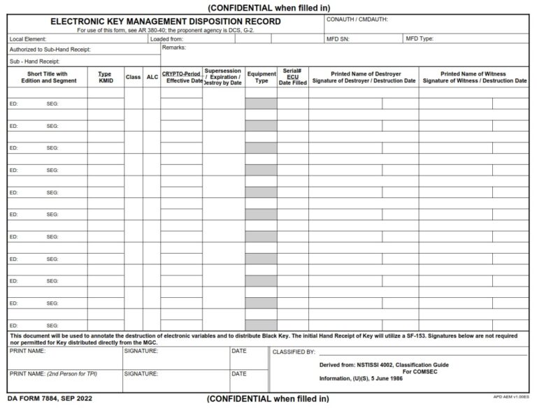 DA Form 7884 – Electronic Key Management Disposition Record | Army Pubs ...