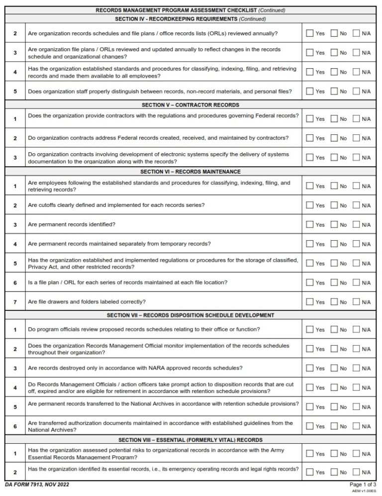 DA FORM 7913 – Records Management Program Assessment Checklist | Army ...