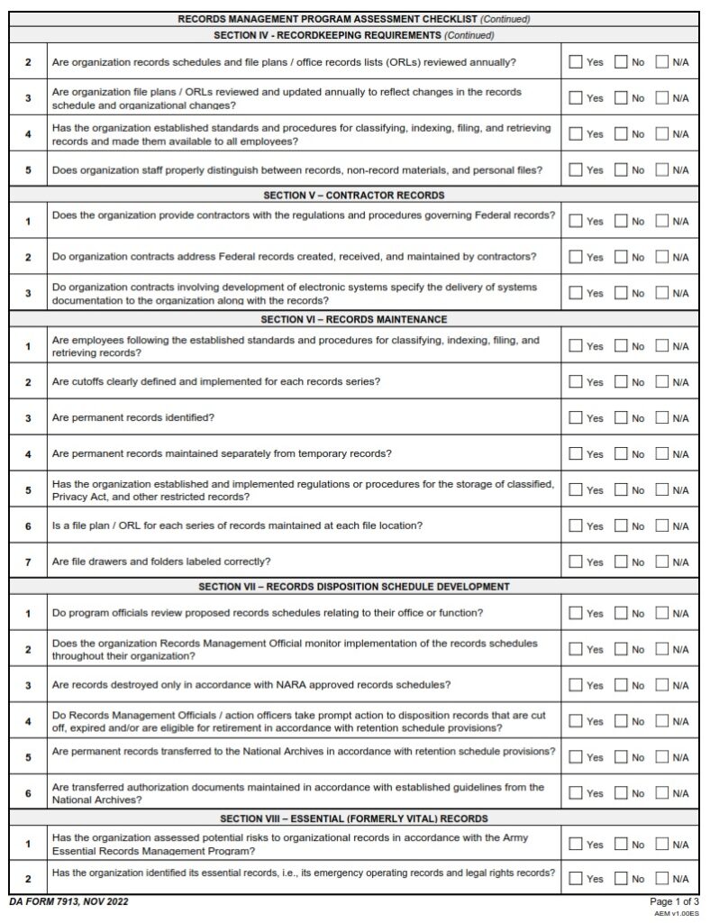 DA FORM 7913 – Records Management Program Assessment Checklist | Army ...