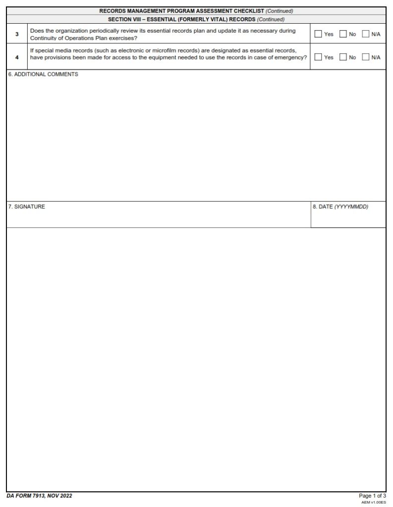 DA FORM 7913 – Records Management Program Assessment Checklist | Army ...